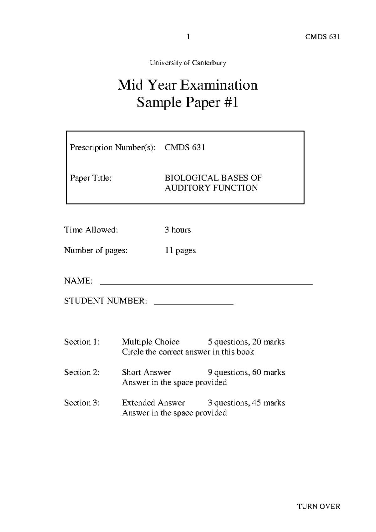 Sample exam 1-3 - EXAM examples HEAR651 course - TURN OVER University ...