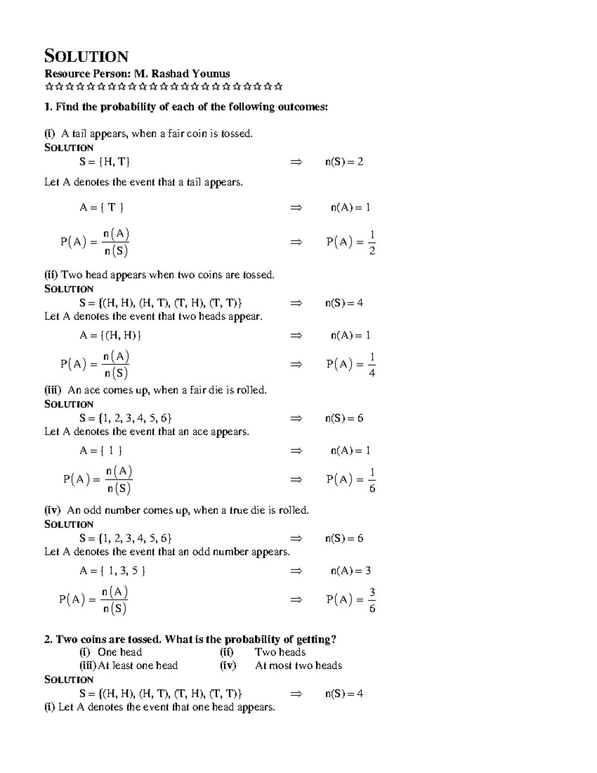 Solution Probability Based on Sample Space - SOLUTION Resource Person ...