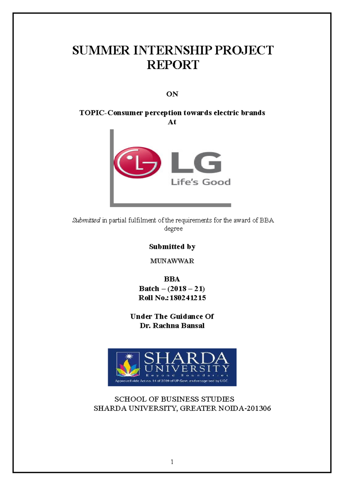 Munawwar BBA 3rd year - Internship Report on LG marketing - SUMMER ...