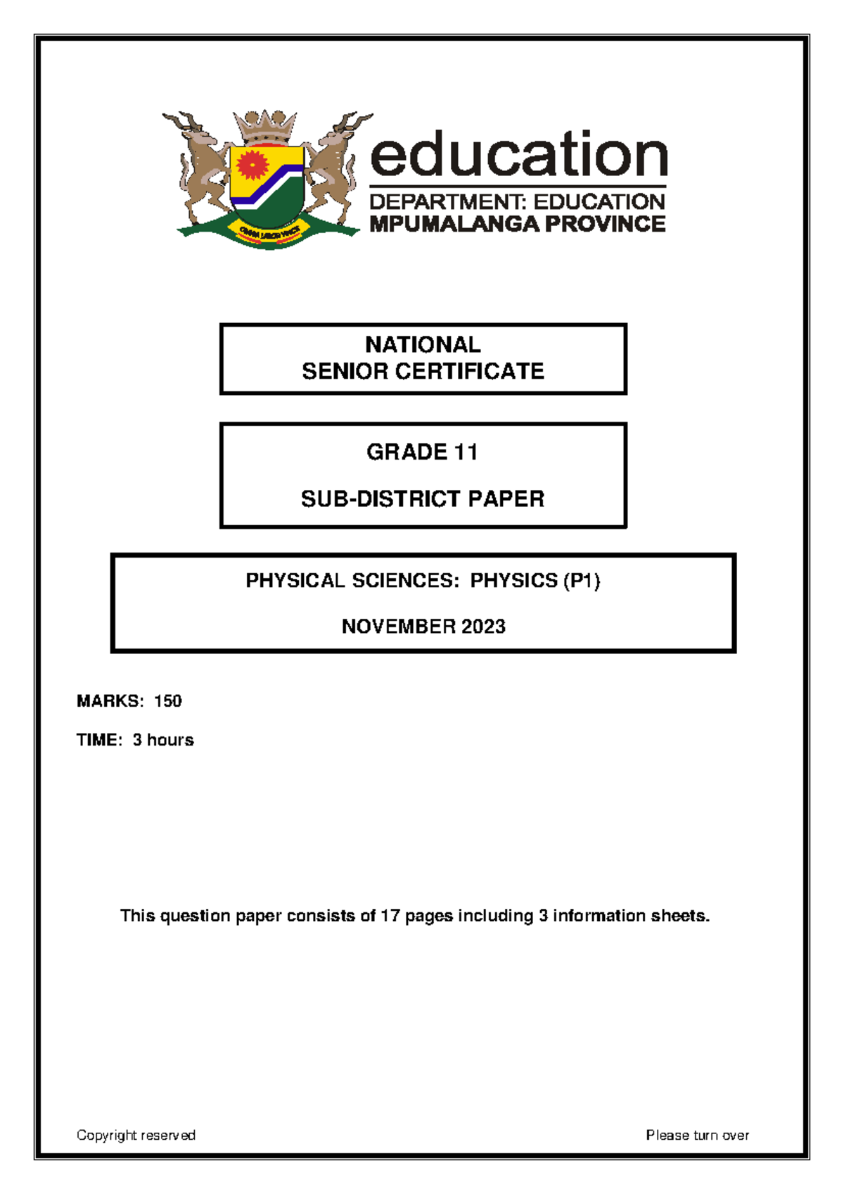 GRADE 11 PHYSICS PAPER - MARKS: 150 TIME: 3 hours This question paper ...