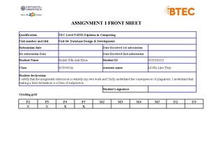 Assignment 1 - ASSIGNMENT 1 FRONT SHEET Qualification BTEC Level 5 HND Diploma in Computing Unit ...