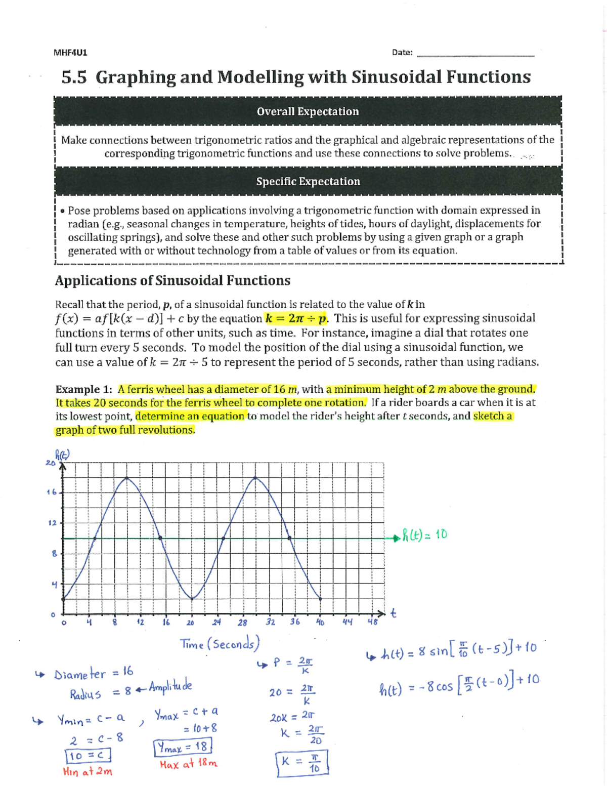 5.5 - Graphing and Modelling with Sinusoidal Functions - Solutions ...