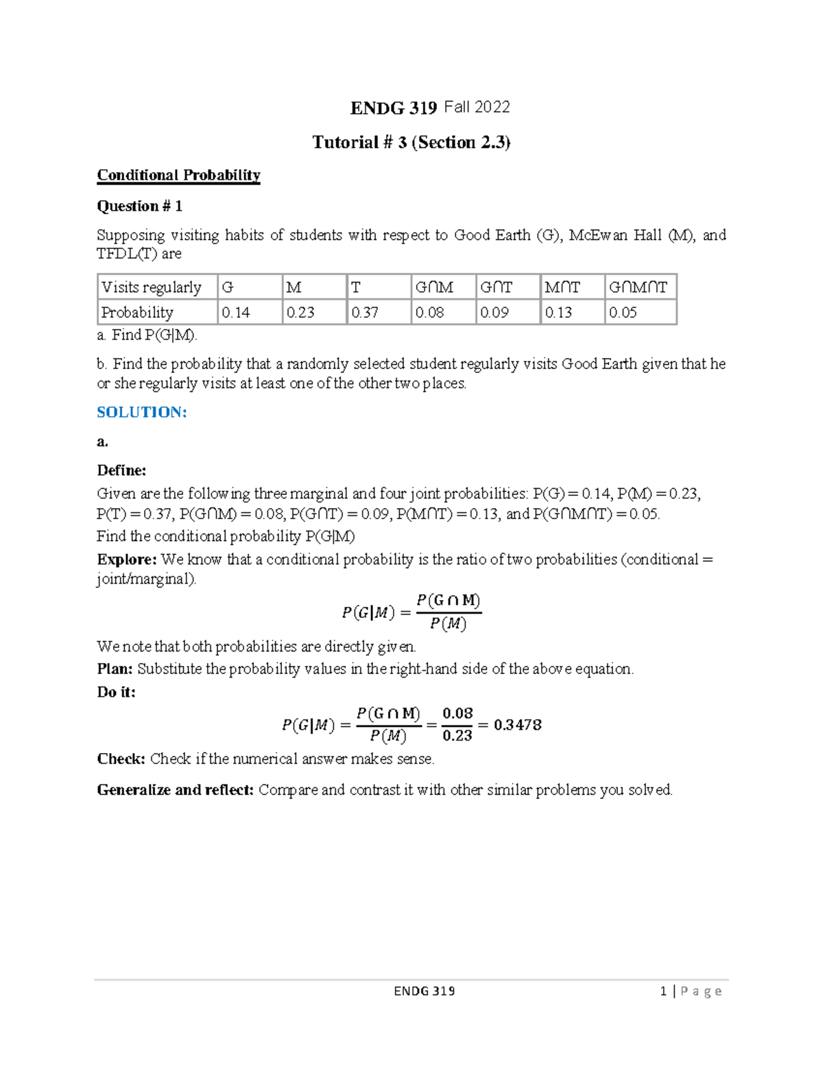 Tutorial 3 - Solution - this is good prep - ENDG 319 F2 1 Tutorial # 3 ...