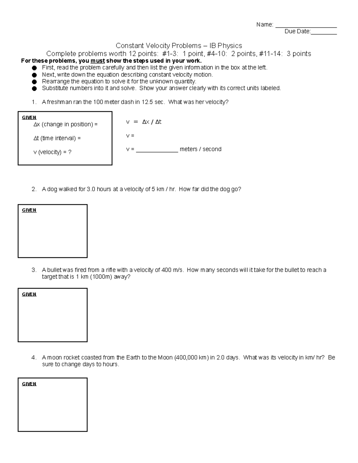 Extra Average Speed problems IB - Name: ___________________ Due Date ...