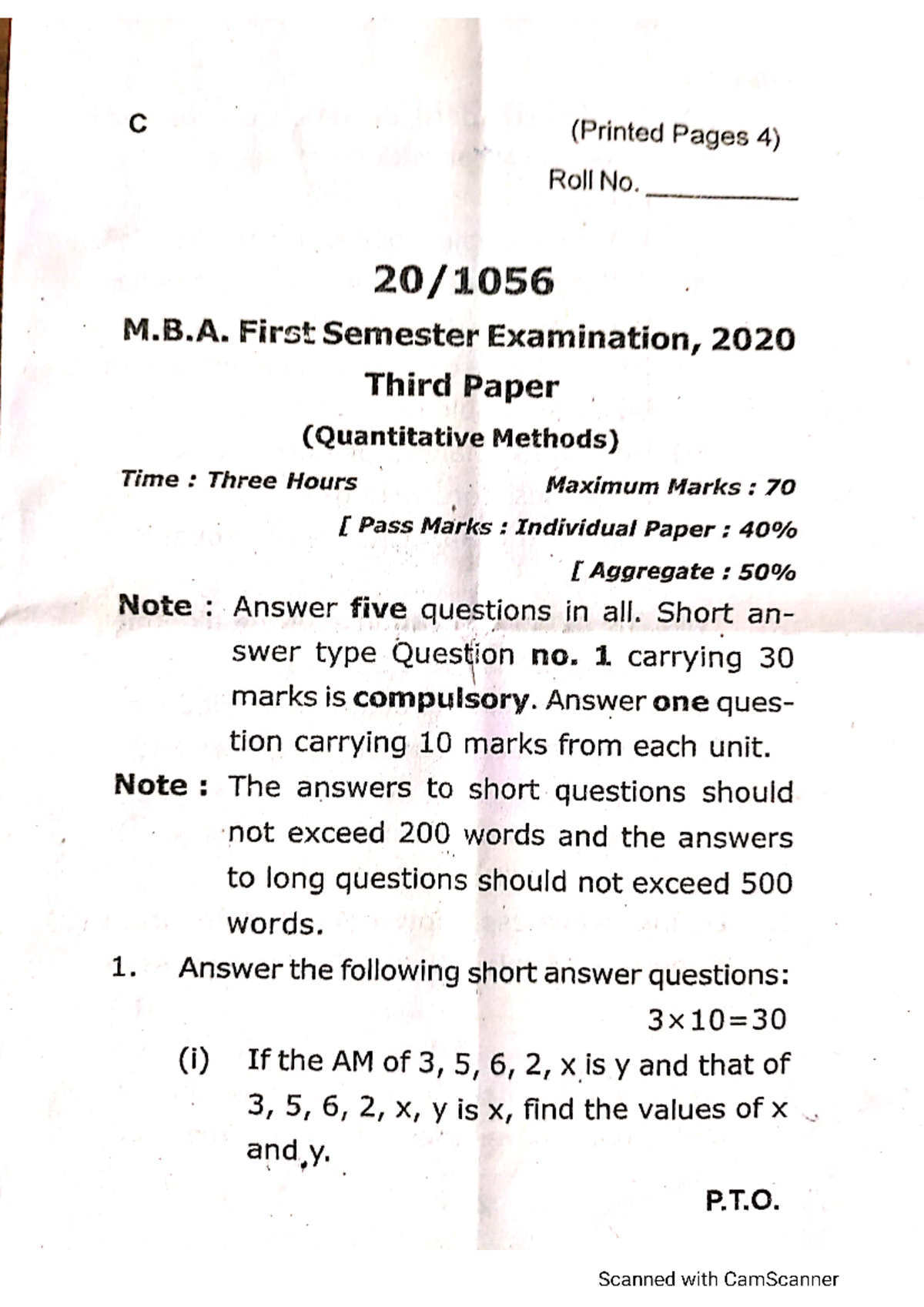 103 Quantitative Methods - Mba Mhrdm - Studocu