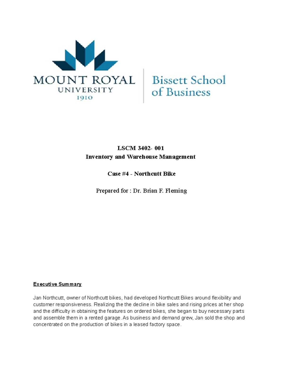 Case Study 3 for Inventory Management - LSCM 3402- 001 Inventory and ...