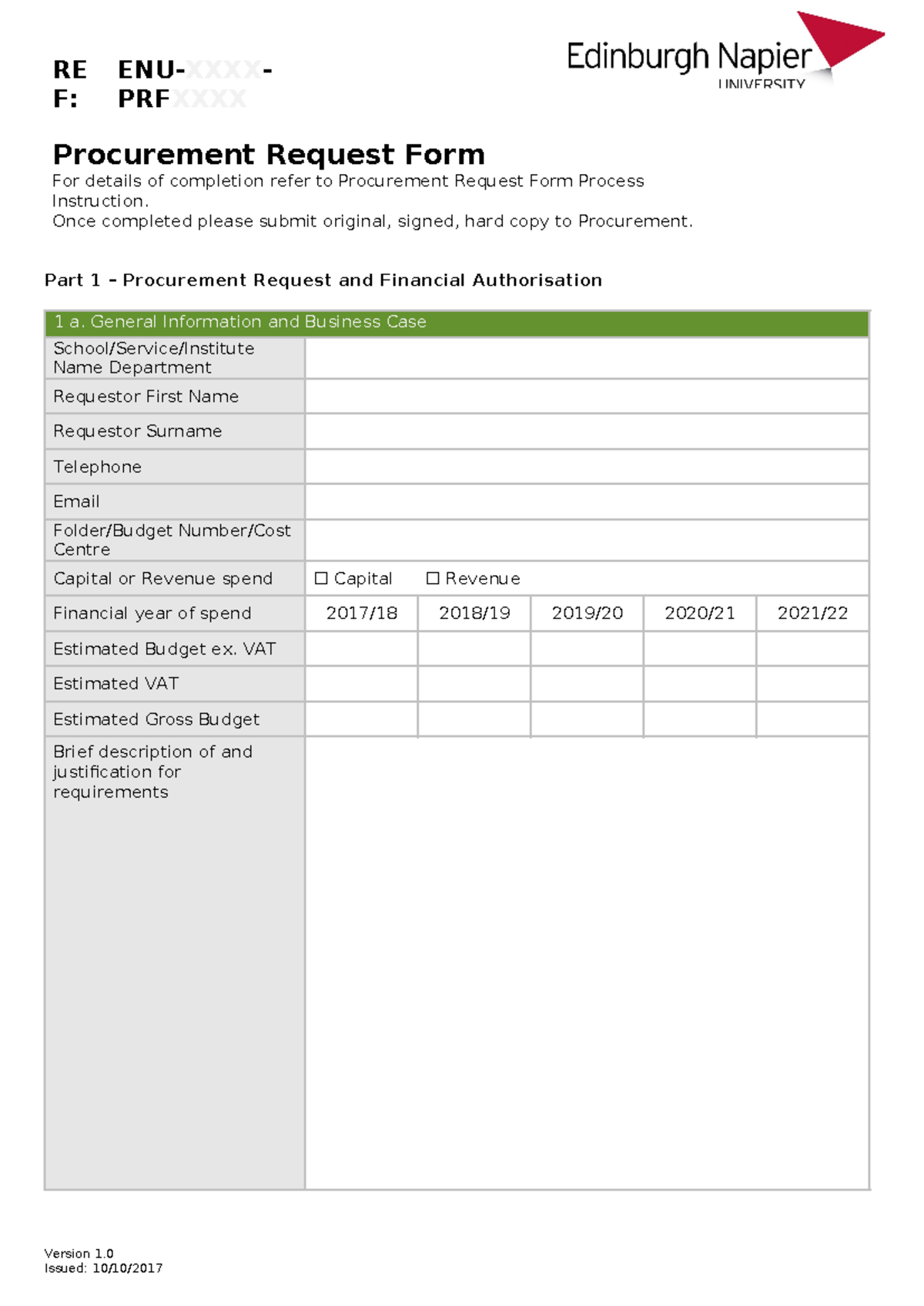 Procurement Request Form - Once completed please submit original ...