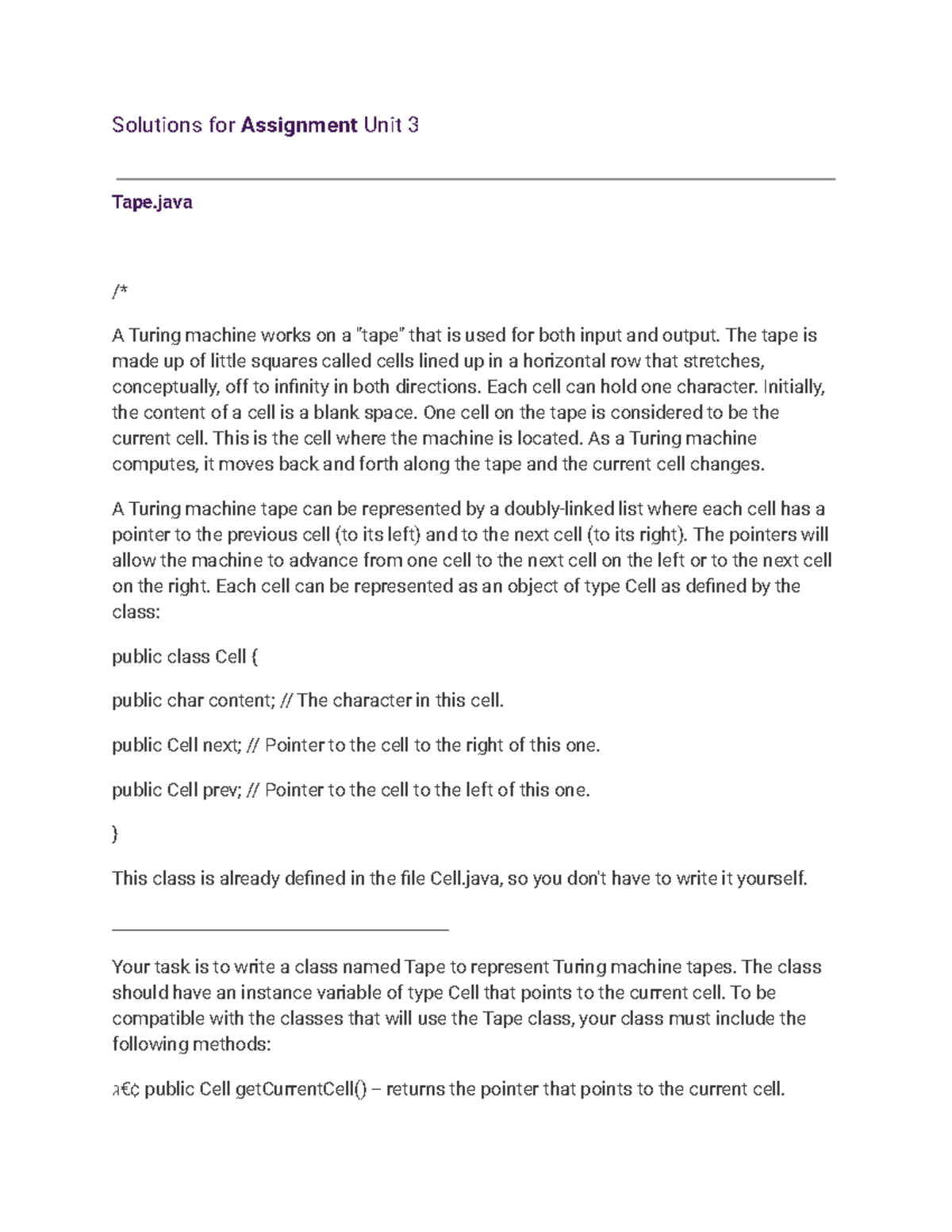 Solutions for Assignment Unit 3 - The tape is made up of little squares ...