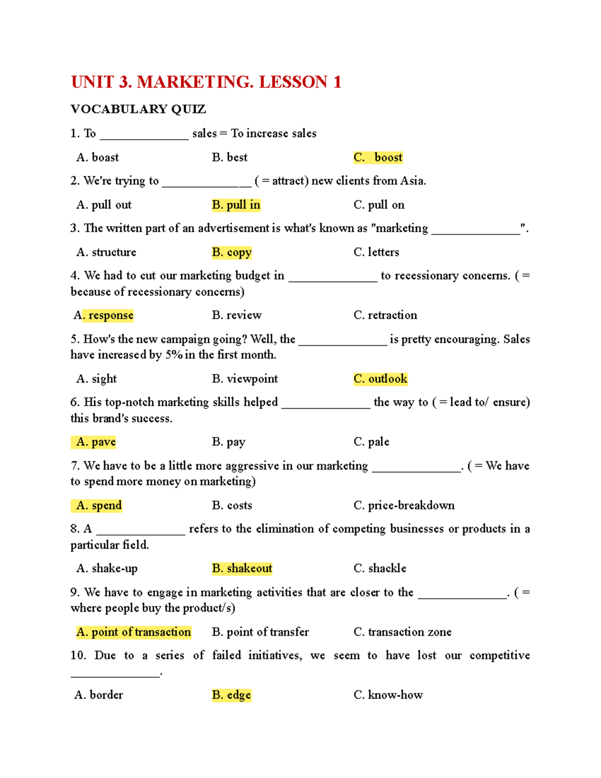 UNIT-3 Marketing Lesson-1 - UNIT 3. MARKETING. LESSON 1 VOCABULARY QUIZ ...
