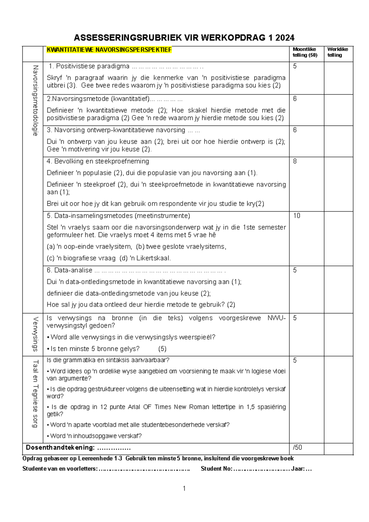 Assignment 1 RESF 422 2024 Afrikaans - ASSESSERINGSRUBRIEK VIR WERKOPDRAG 1 2024 KWANTITATIEWE ...
