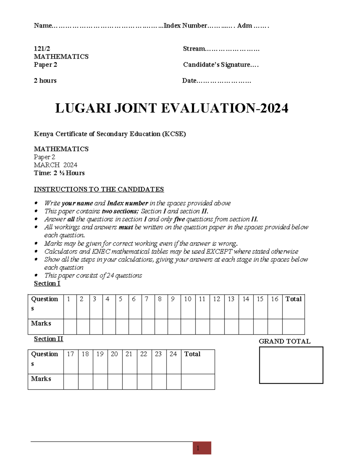 Maths PP2 QNS Lugari JET 2024 - Name ...
