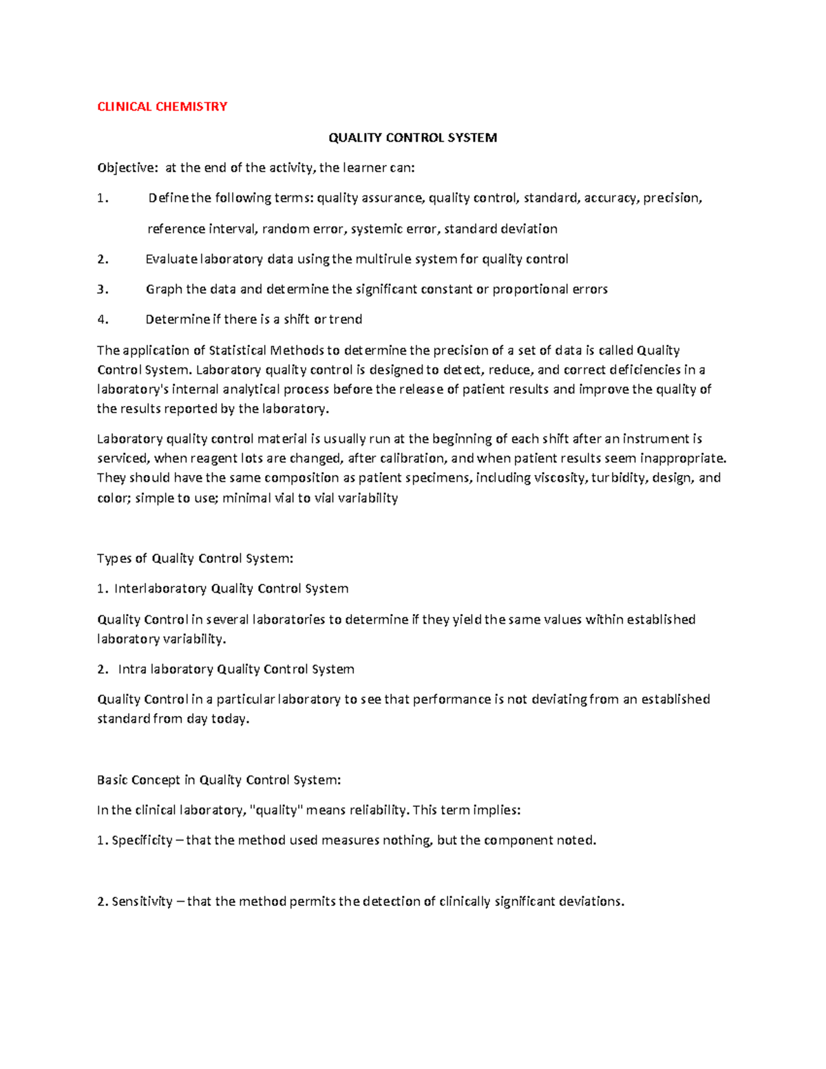Quality Control System (Clinical Chemistry Outline) - CLINICAL ...