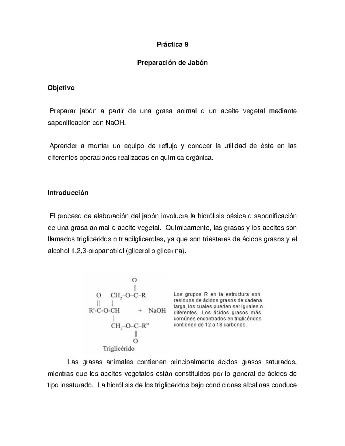 Pr ctica 9. Jab¢n - Laboratorio de química orgánica - Práctica 9 Preparación de Jabón Objetivo ...