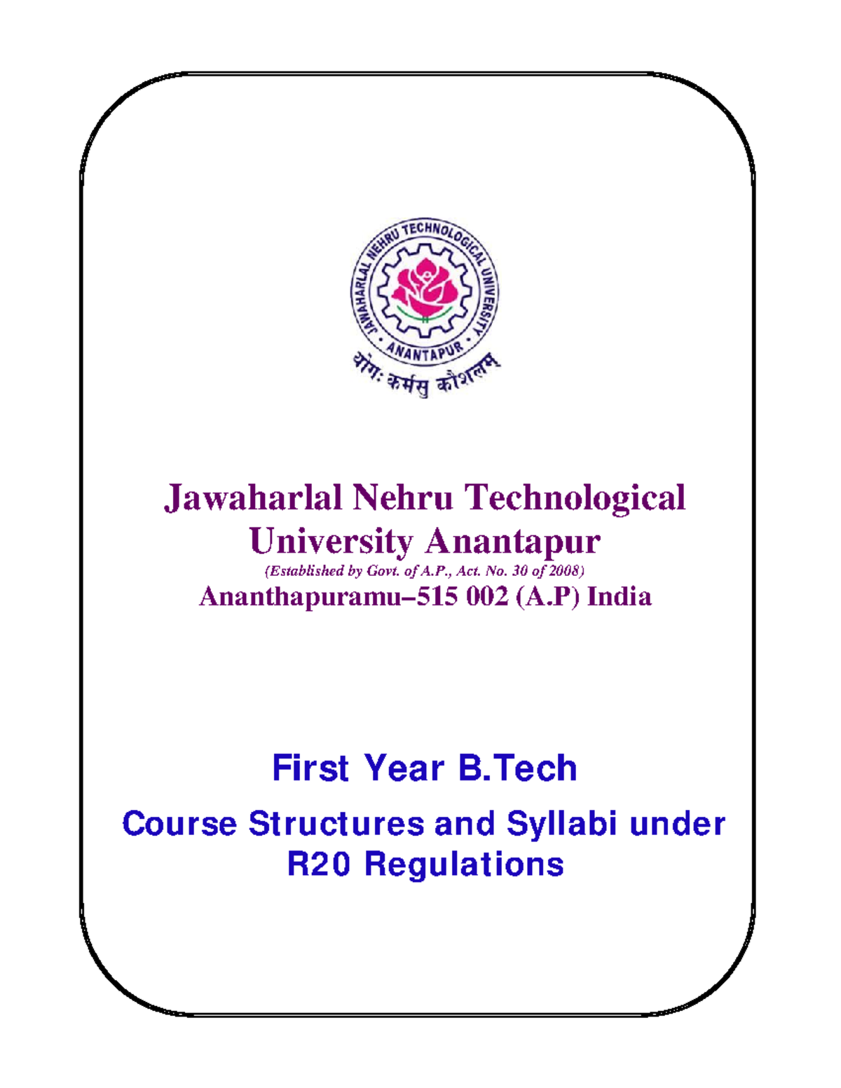 Jntua R20 B.Tech CSE Course Structure 2020 21 - Jawaharlal Nehru Technological University ...