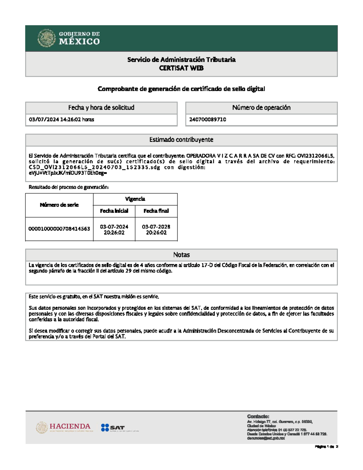 Comprobante generacion Certificado de Sello Digital OVI 03-07-2024 ...
