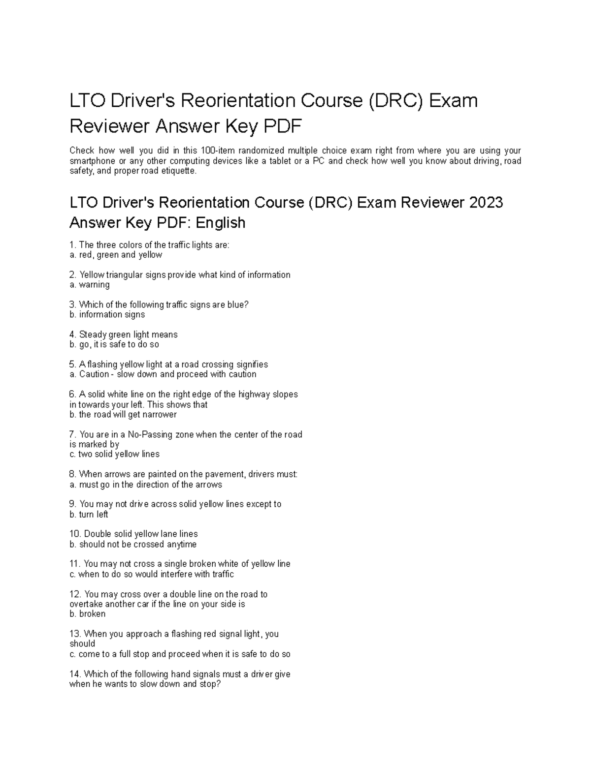 DRC Exam Reviewer 2023 PDF 1 - LTO Driver's Reorientation Course (DRC) Exam Reviewer Answer Key ...
