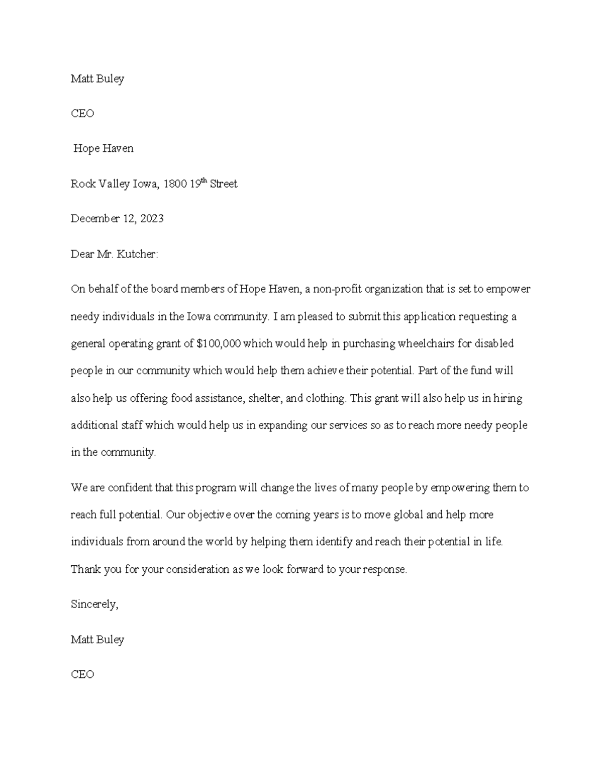 Cover letter - sample - Matt Buley CEO Hope Haven Rock Valley Iowa ...