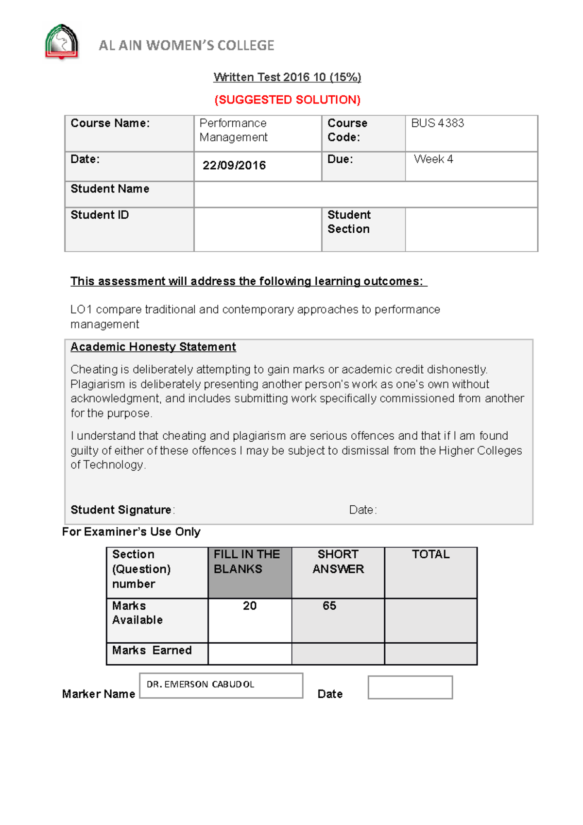 Assessment 1 key 2016 10 - Written Test 2016 10 (15%) (SUGGESTED ...