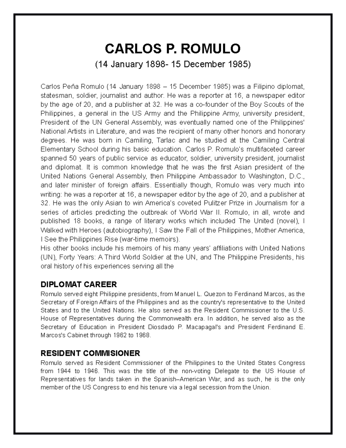 ORDER OF NATIONAL ARTIST: CARLOS P ROMULO BIOGRAPHY - CARLOS P. ROMULO ...