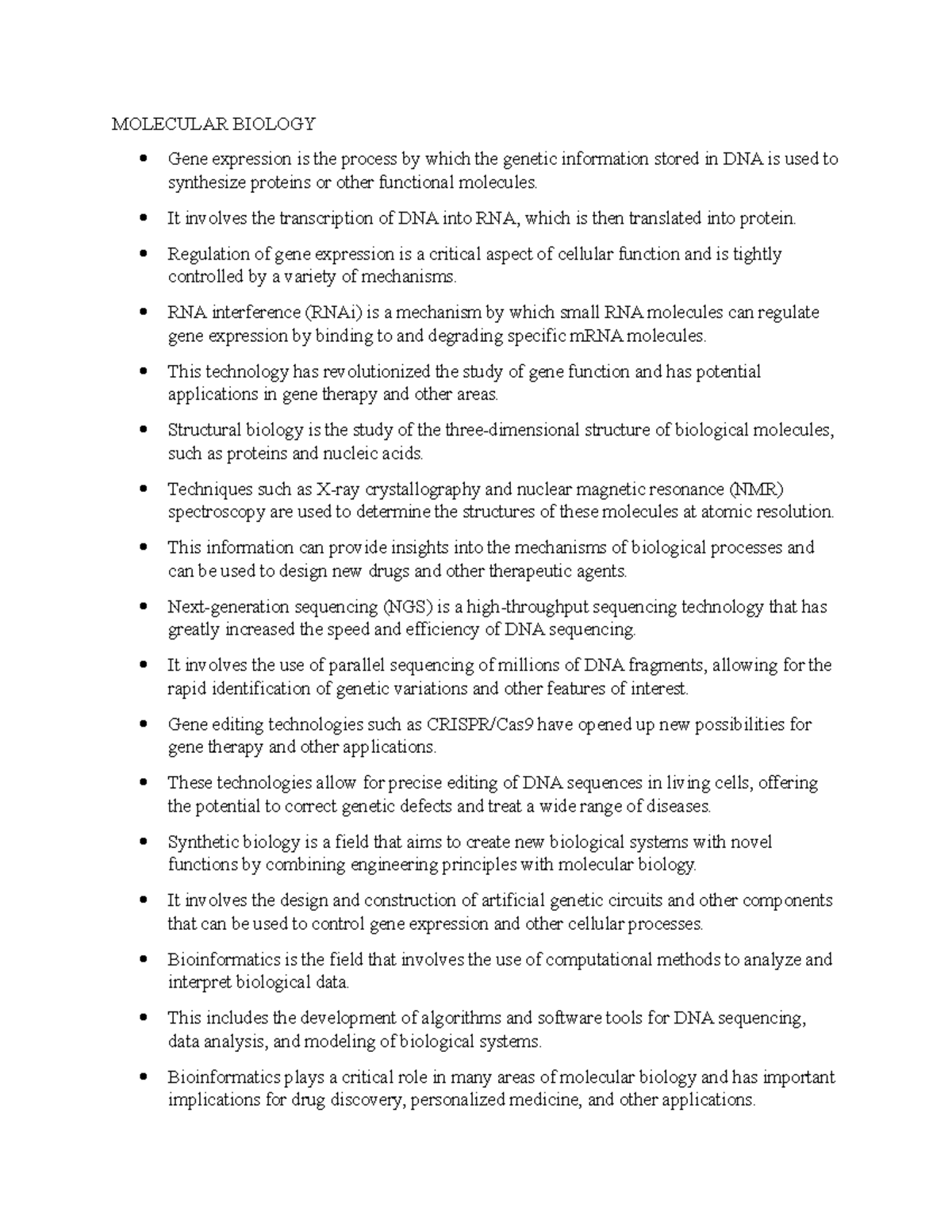Molecular Biology Notes 3 - MOLECULAR BIOLOGY Gene expression is the ...