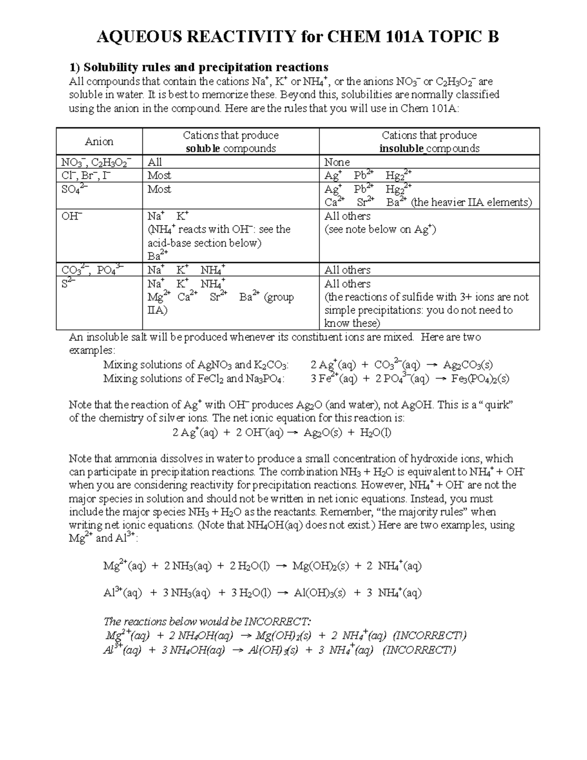 B ref f19 - ref - AQUEOUS REACTIVITY for CHEM 101A TOPIC B 1) Solubility rules and precipitation ...