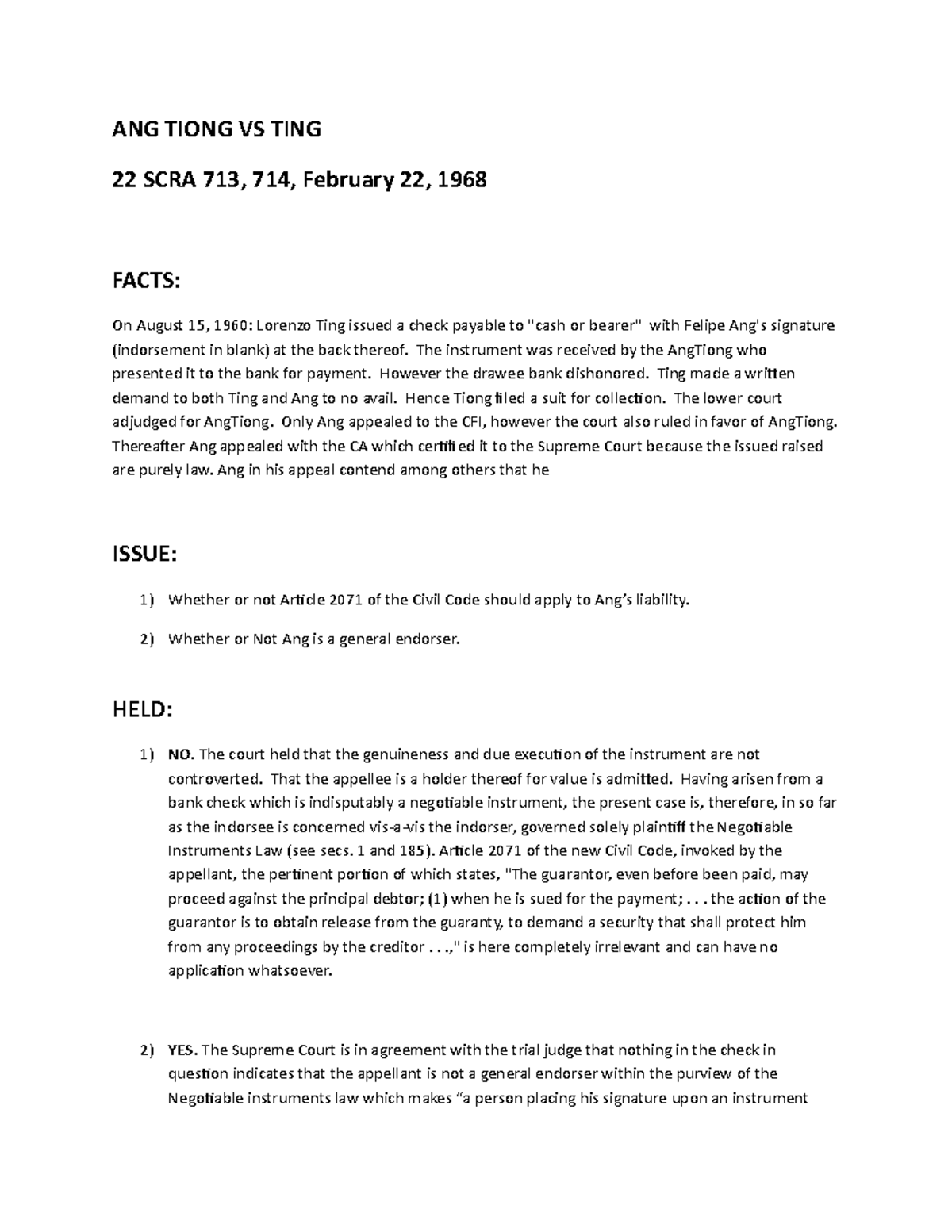 Ang-Tiong-vs-Ting - ANG TIONG VS TING 22 SCRA 713, 714, February 22 ...