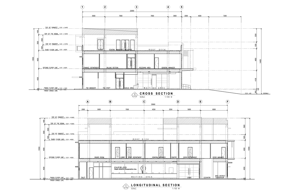 ELEVATION & SECTION - BS Architecture - A B C D E F L O N G I T U D I N A L S E C T I O N 1 2 3 ...