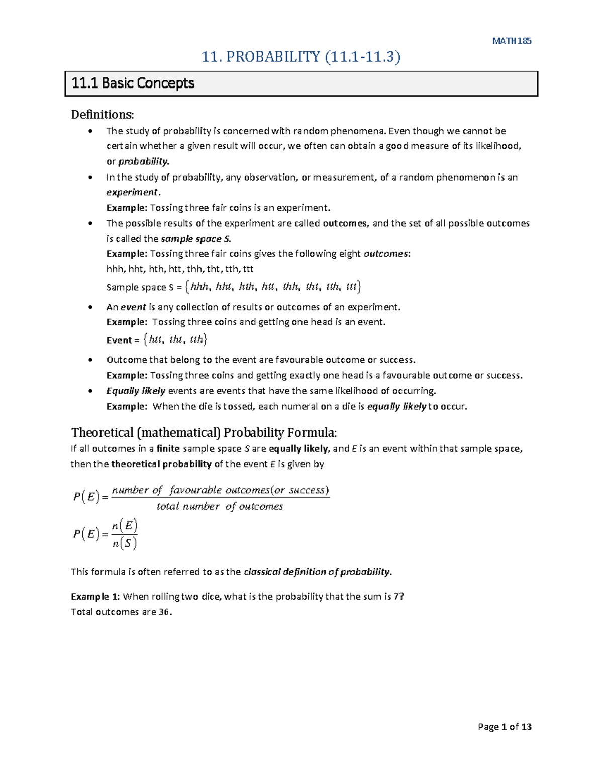 Week 8 - Chap 11 Probability(11.1-11.3) - MATH185 - Centennial College ...
