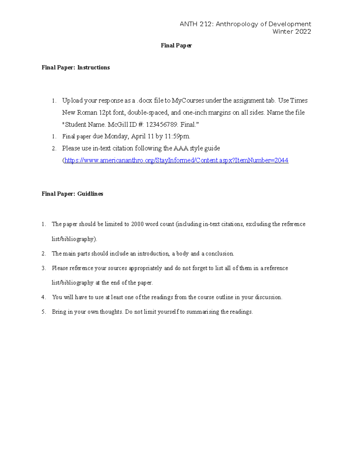 Final Paper Instructions- ANTH 212 SG - ANTH 212: Anthropology of ...