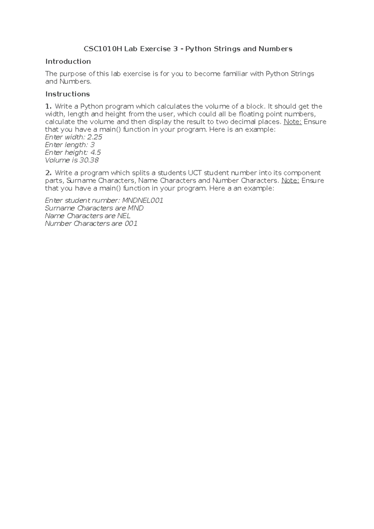 CSC1010H Lab Exercise 3 strings and numbers - CSC1010H Lab Exercise 3 - Python Strings and ...