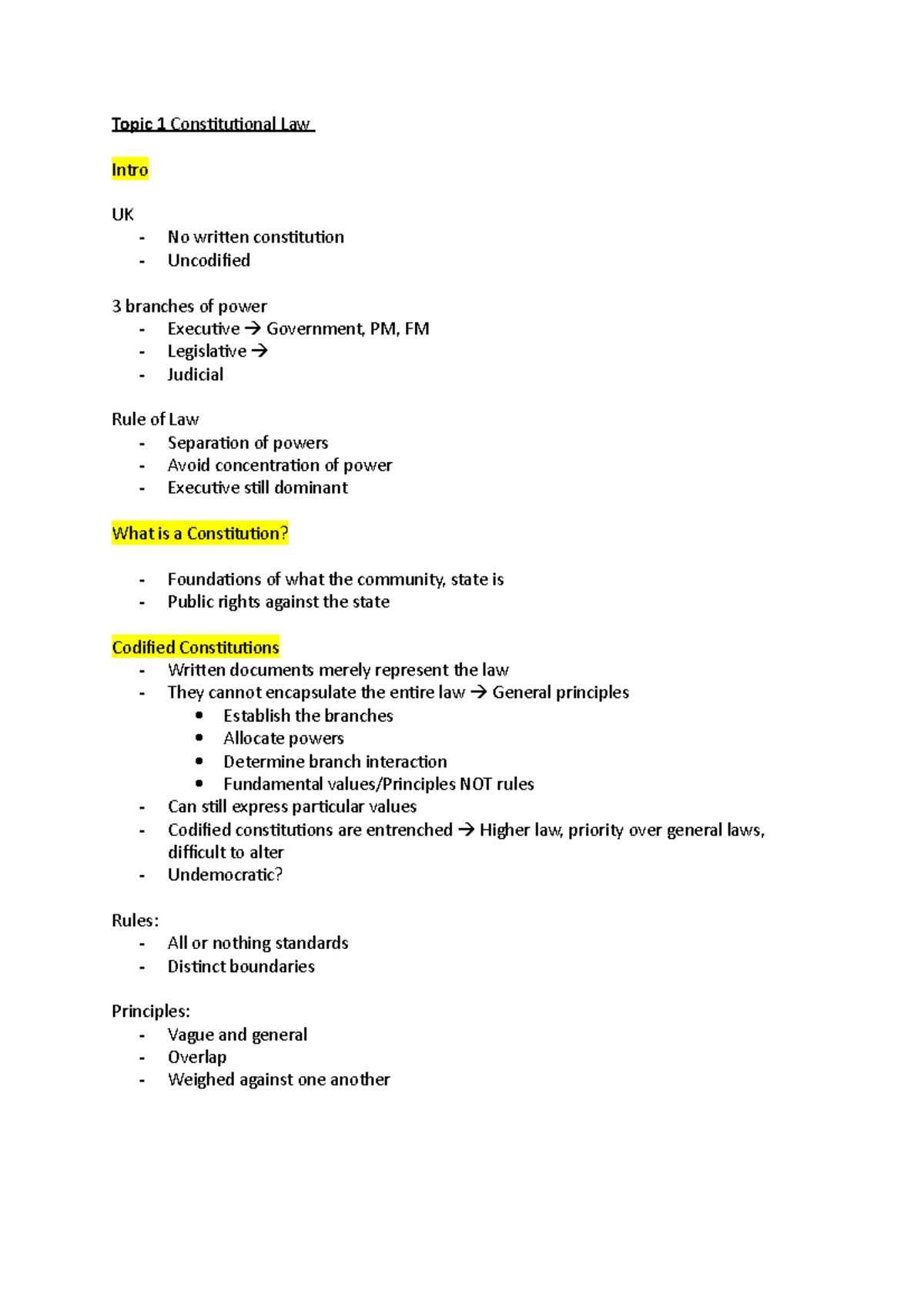 Public Law Notes Topic 1 Constitutional Law Intro Uk No Written Constitution Uncodified 3
