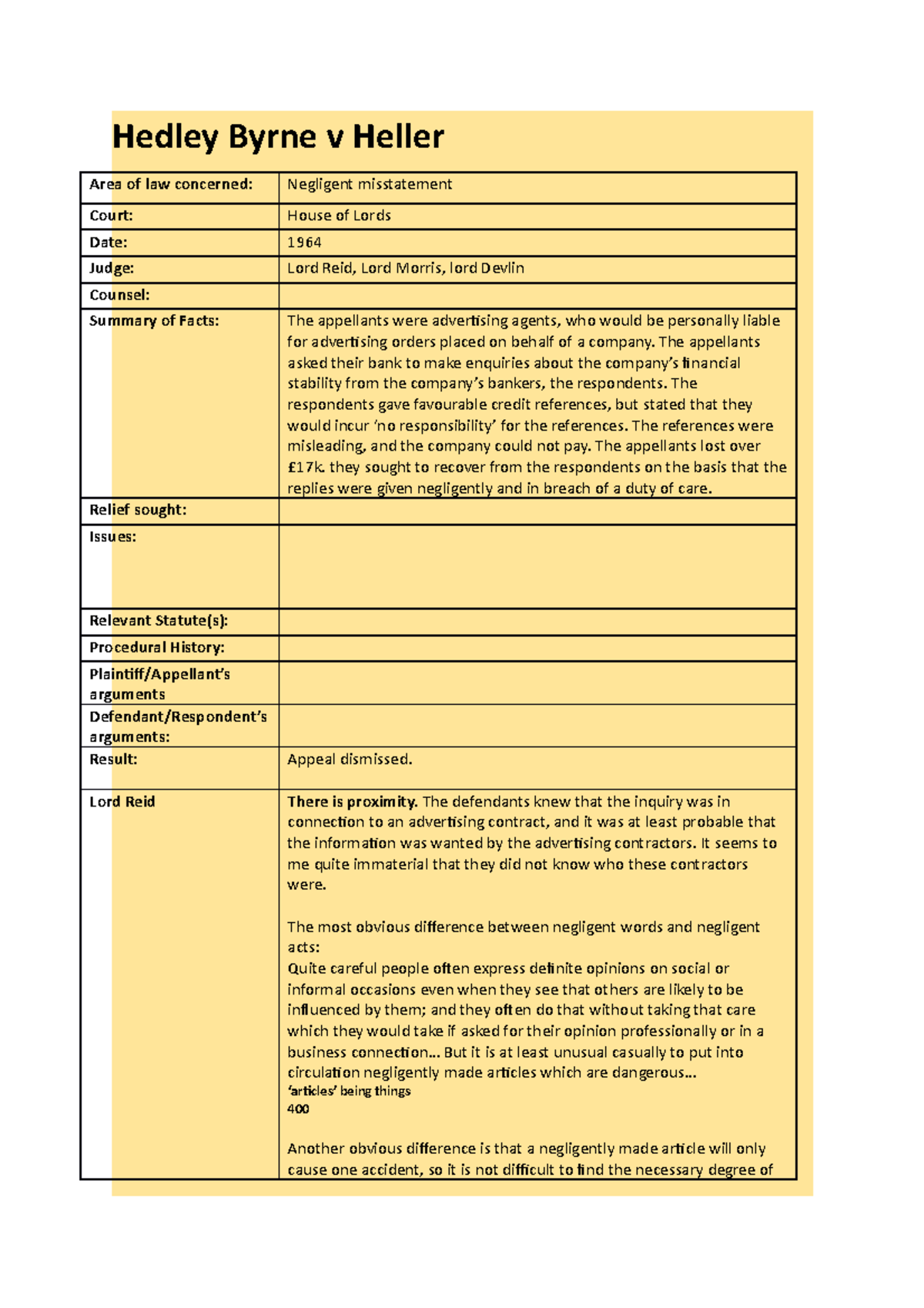 Hedley Byrne v Heller - Detailed case brief, including paragraphs and ...