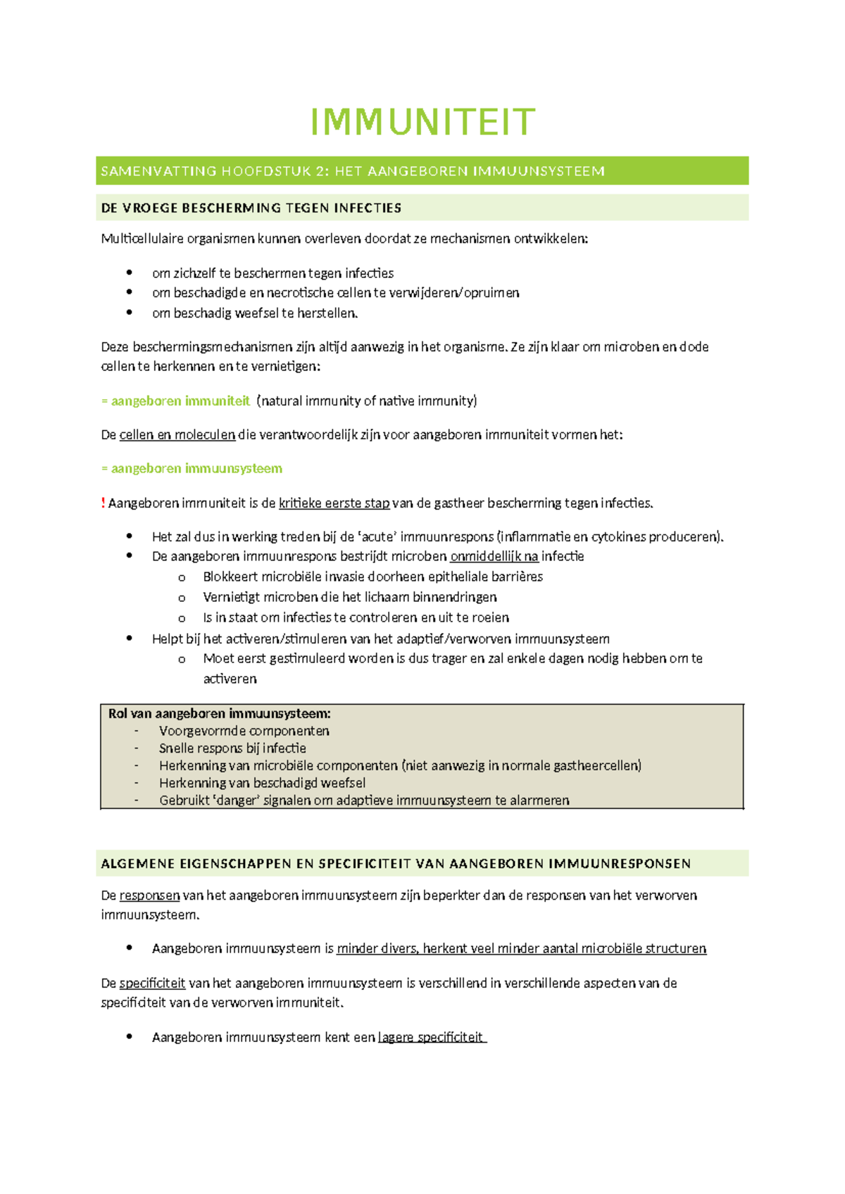 Samenvatting aangeboren immuunsysteem - IMMUNITEIT SAMENVATTING ...