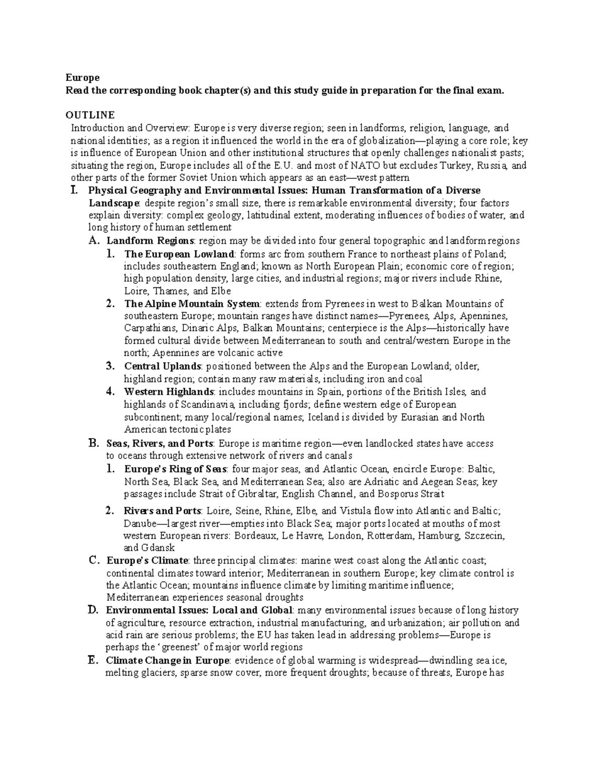 Europe+study+guide - notes - Europe Read the corresponding book chapter ...