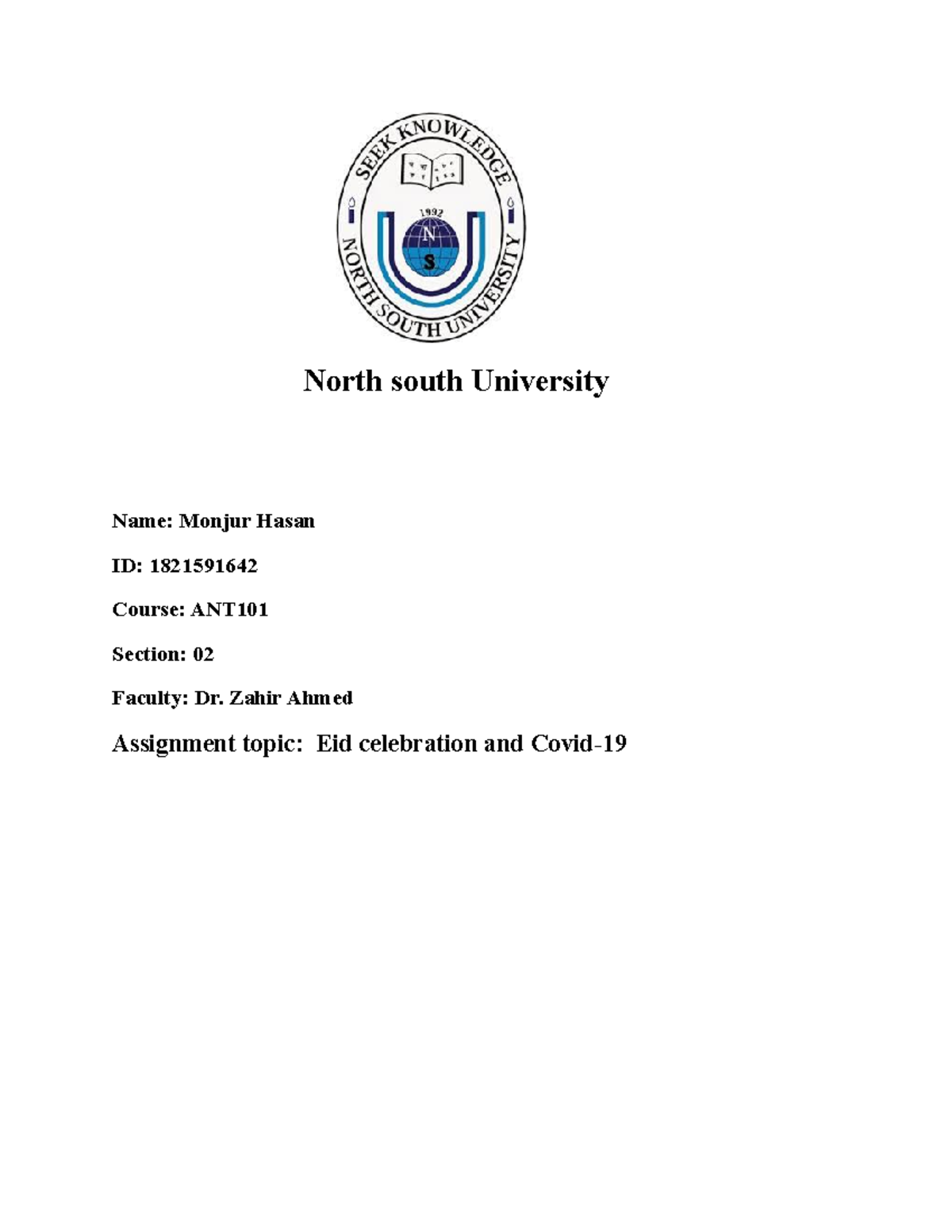 Monjur Hasan 1821591642 ANT101 02 Final - Introduction To Anthropology ...