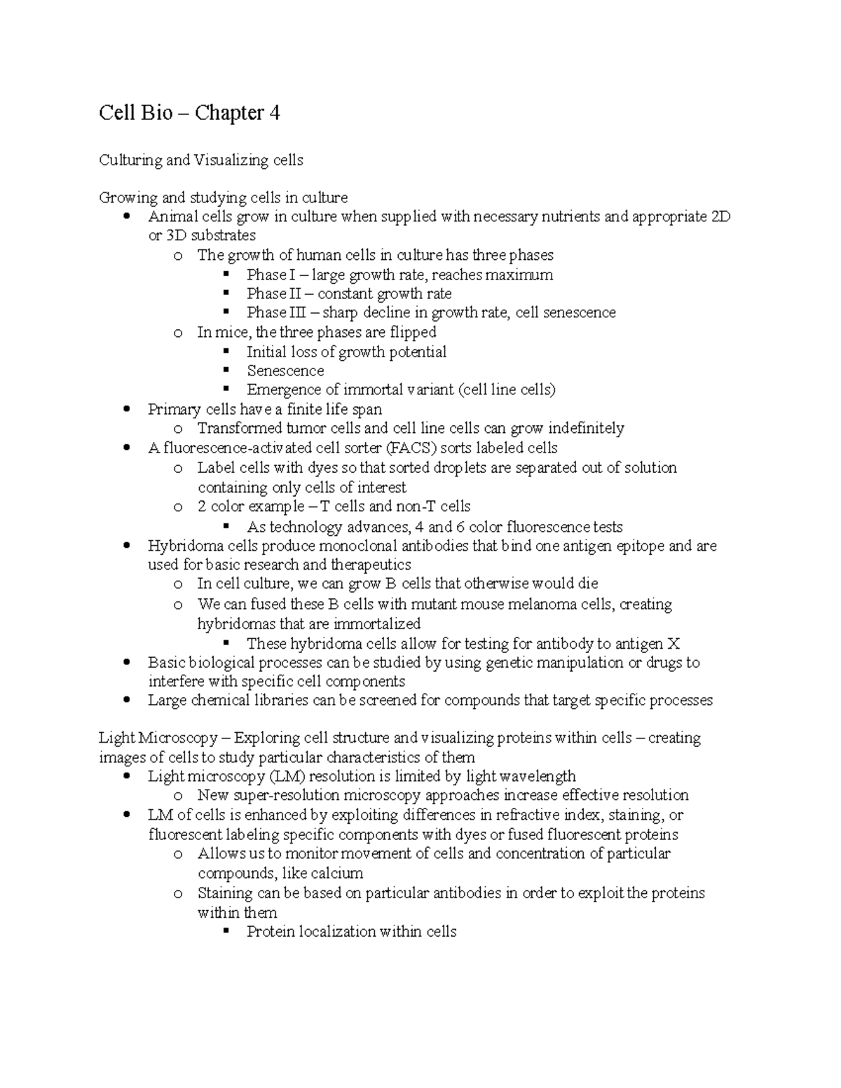 Molec Cell Bio Chapter 4 - Cell Bio – Chapter 4 Culturing and ...