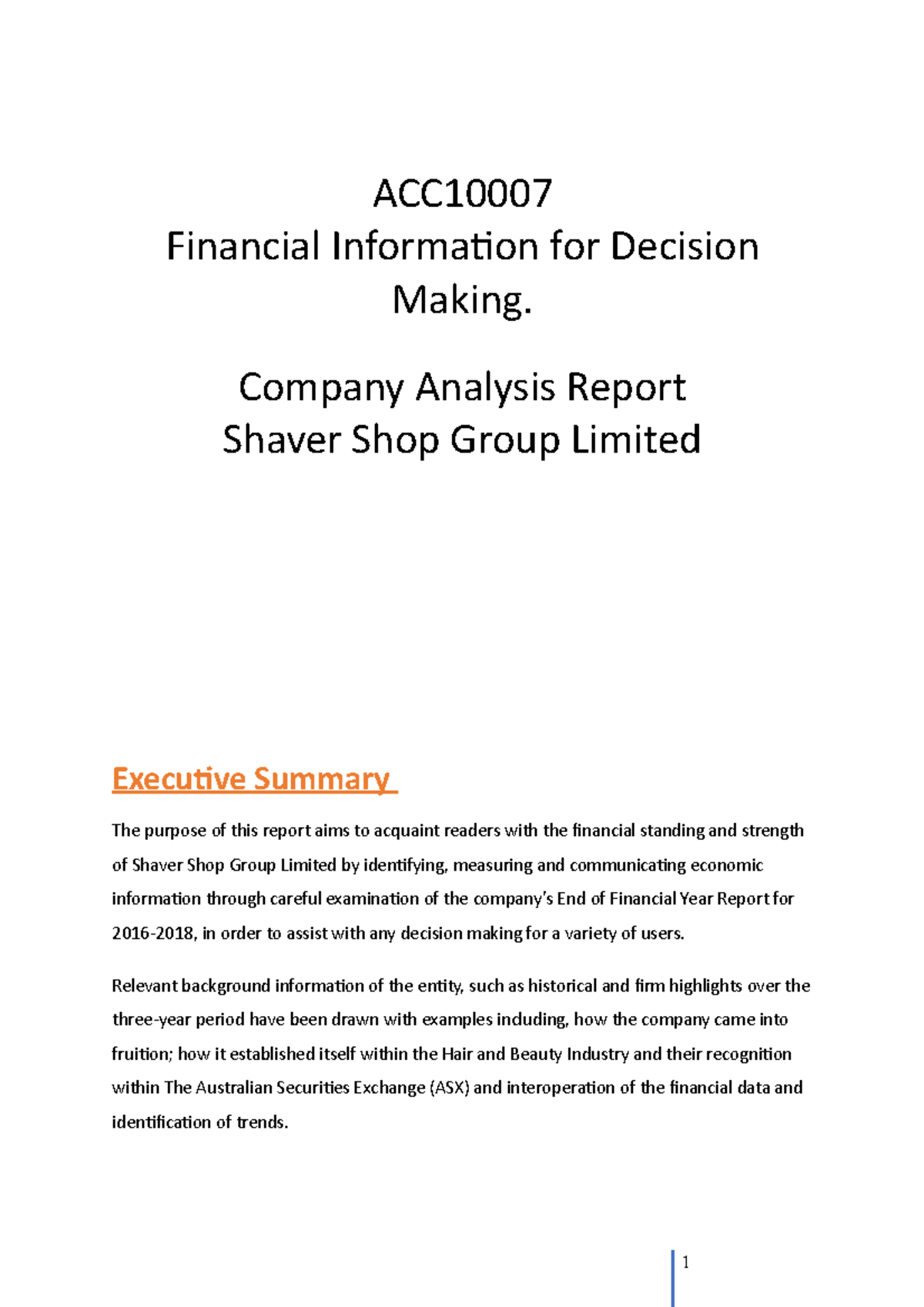 ACC10007 - Company Analysis Report - ACC Financial Information for ...