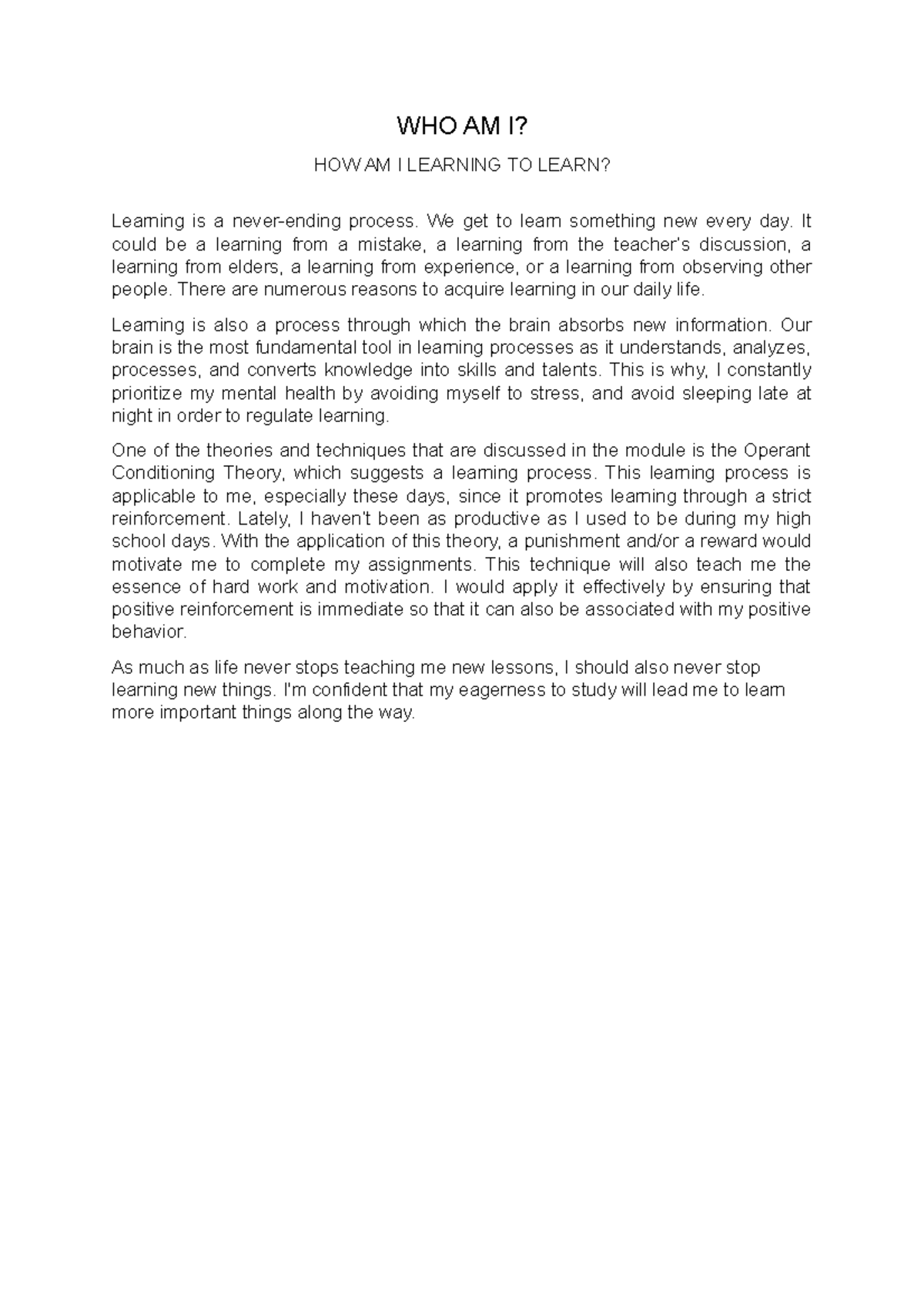 Who Am I (How Am I Learning to Learn) - WHO AM I? HOW AM I LEARNING TO ...