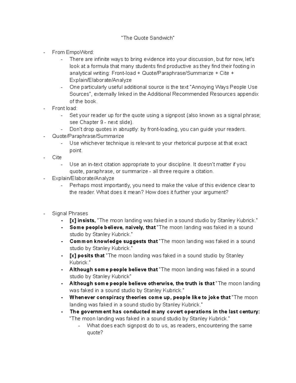 Eng 1320 notes 2 - “The Quote Sandwich” From EmpoWord: There are ...