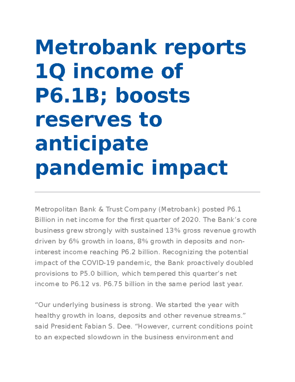 Stocks - accounting - Metrobank reports 1Q income of P6; boosts ...