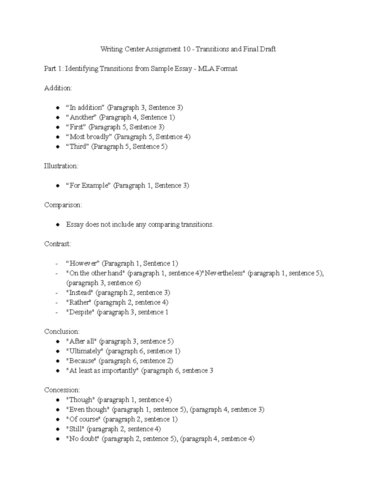 Writing Center Assignment 10 - Transitions and Final Draft - Contrast: “However” (Paragraph 1 ...