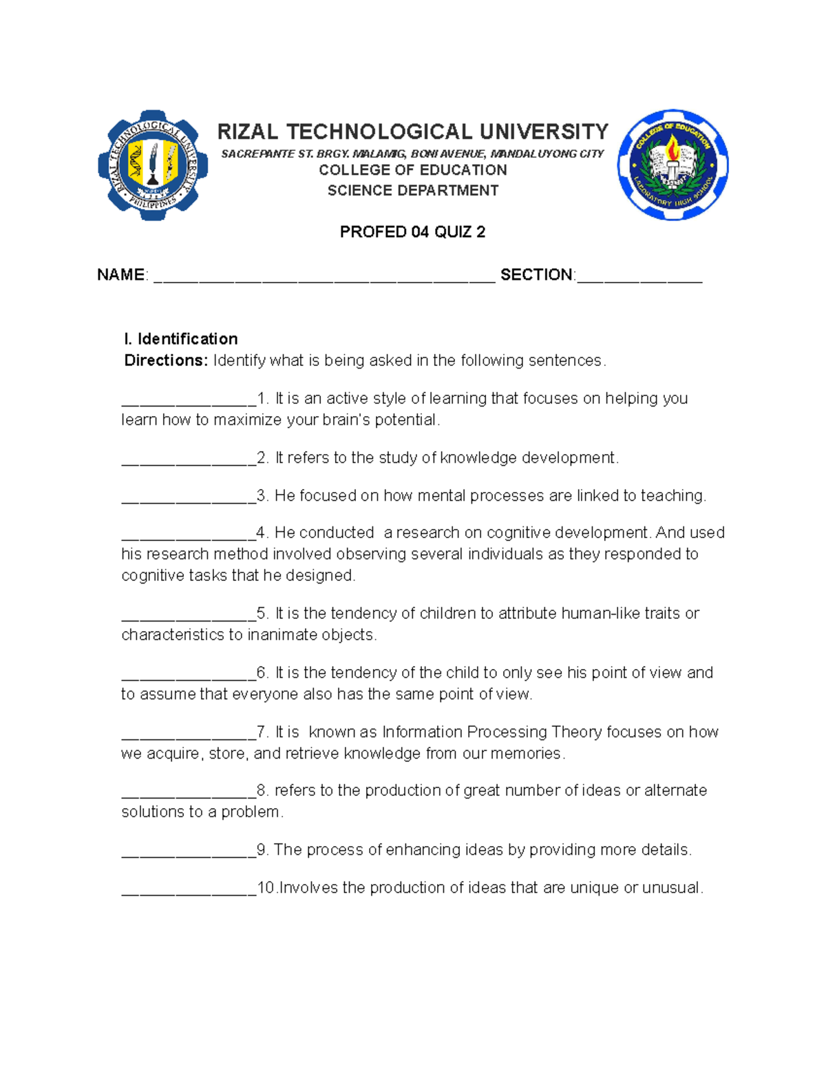 Profed - hope it helps - RIZAL TECHNOLOGICAL UNIVERSITY SACREPANTE ST ...
