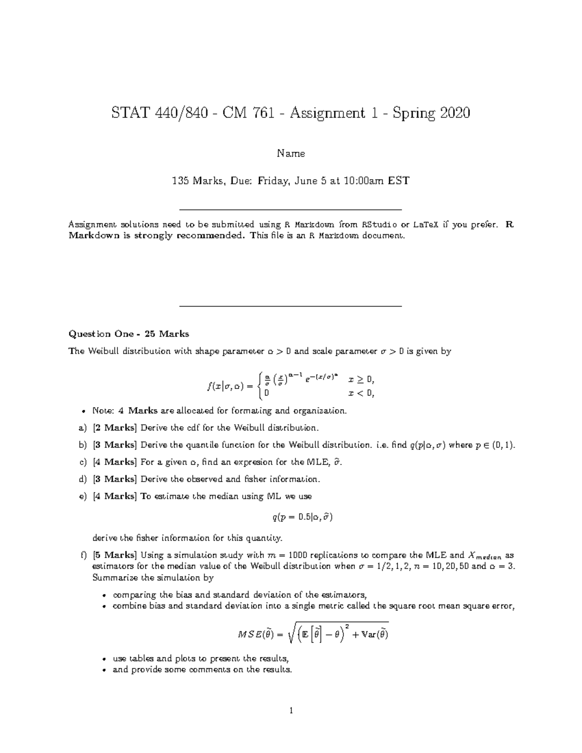 STAT 440 A1 - Assignment 1 without solutions - STAT 440/840 - CM 761 ...