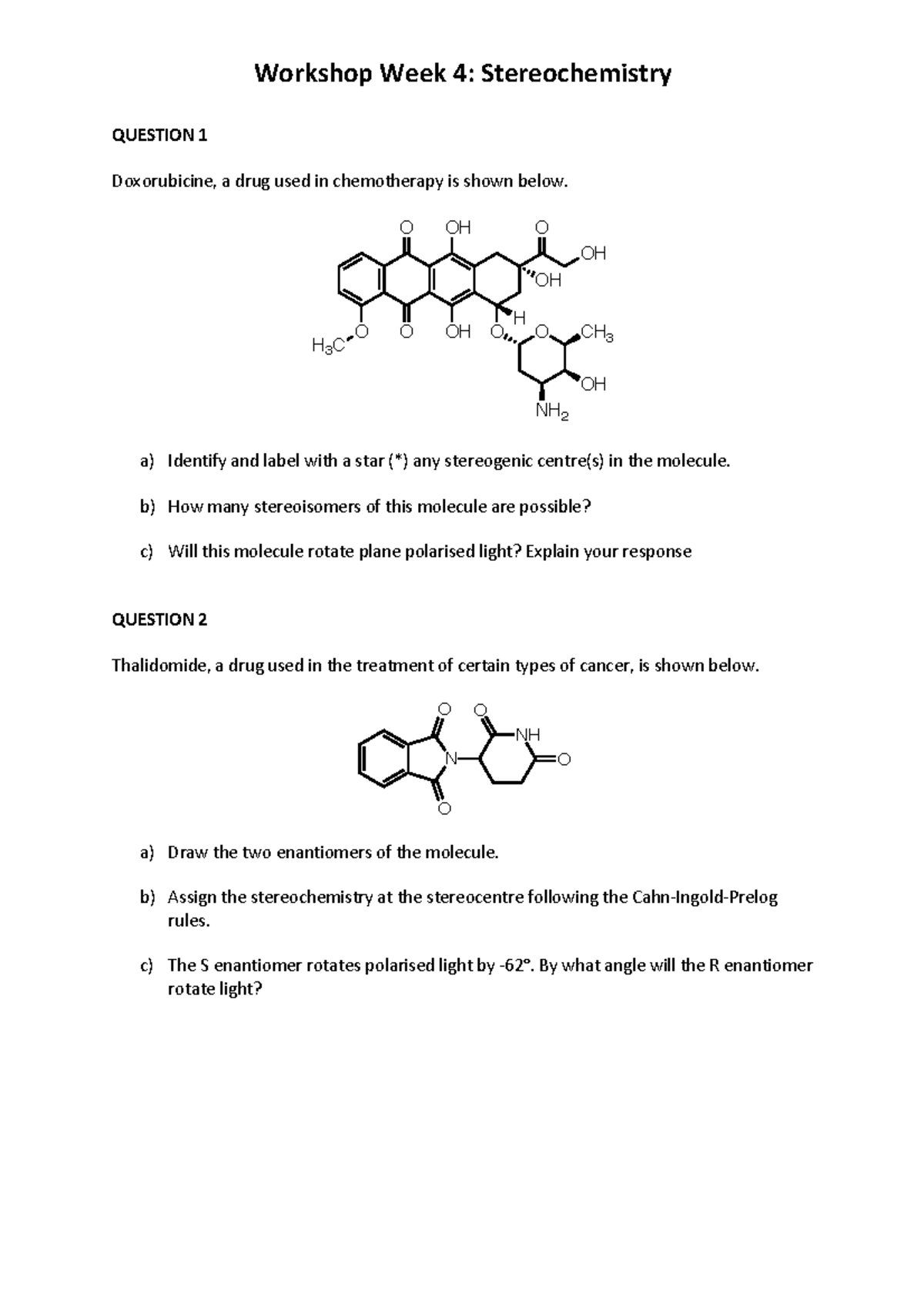 CHM1022 2021 W4 worksheet - Workshop Week 4: Stereochemistry QUESTION 1 ...