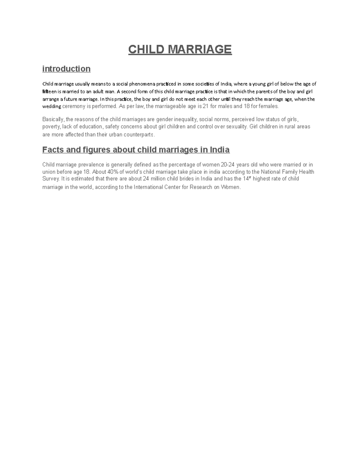 Child 2 - CHILD MARRIAGE introduction Child marriage usually means to a ...