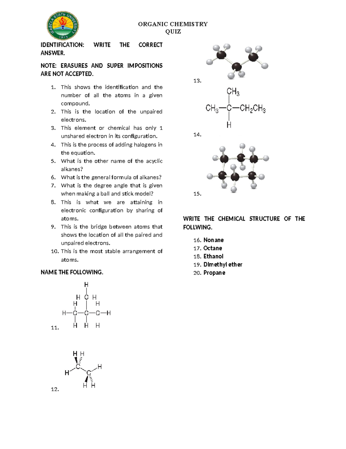Org Chem Lec - Quiz 3 - Organic Chemistry - ORGANIC CHEMISTRY QUIZ ...