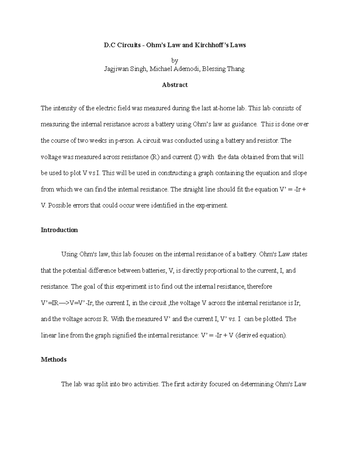 PHY202 Lab 4 - 1 - Physics lab report - D Circuits - Ohm’s Law and ...
