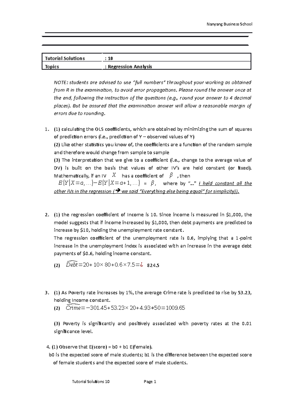 Solutions week 10 - Tutorial Solutions : 10 Topics : Regression ...