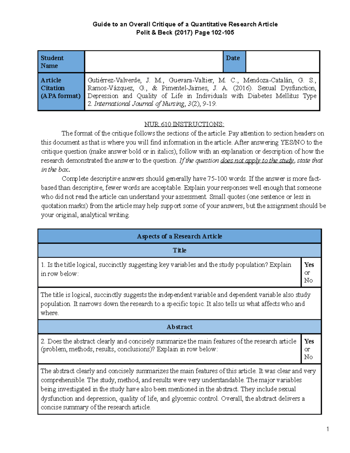NUR 610 Assignment 2a Critique of a Quantitative Research Article ...