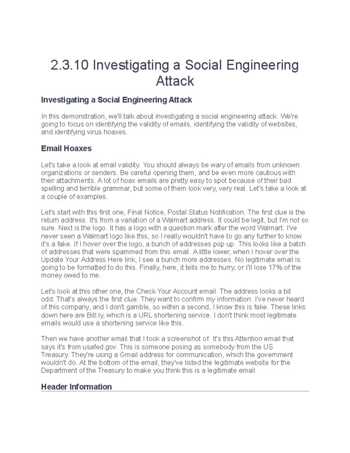 2.3.10 Investigating a Social Engineering Attack - 2.3 Investigating a ...